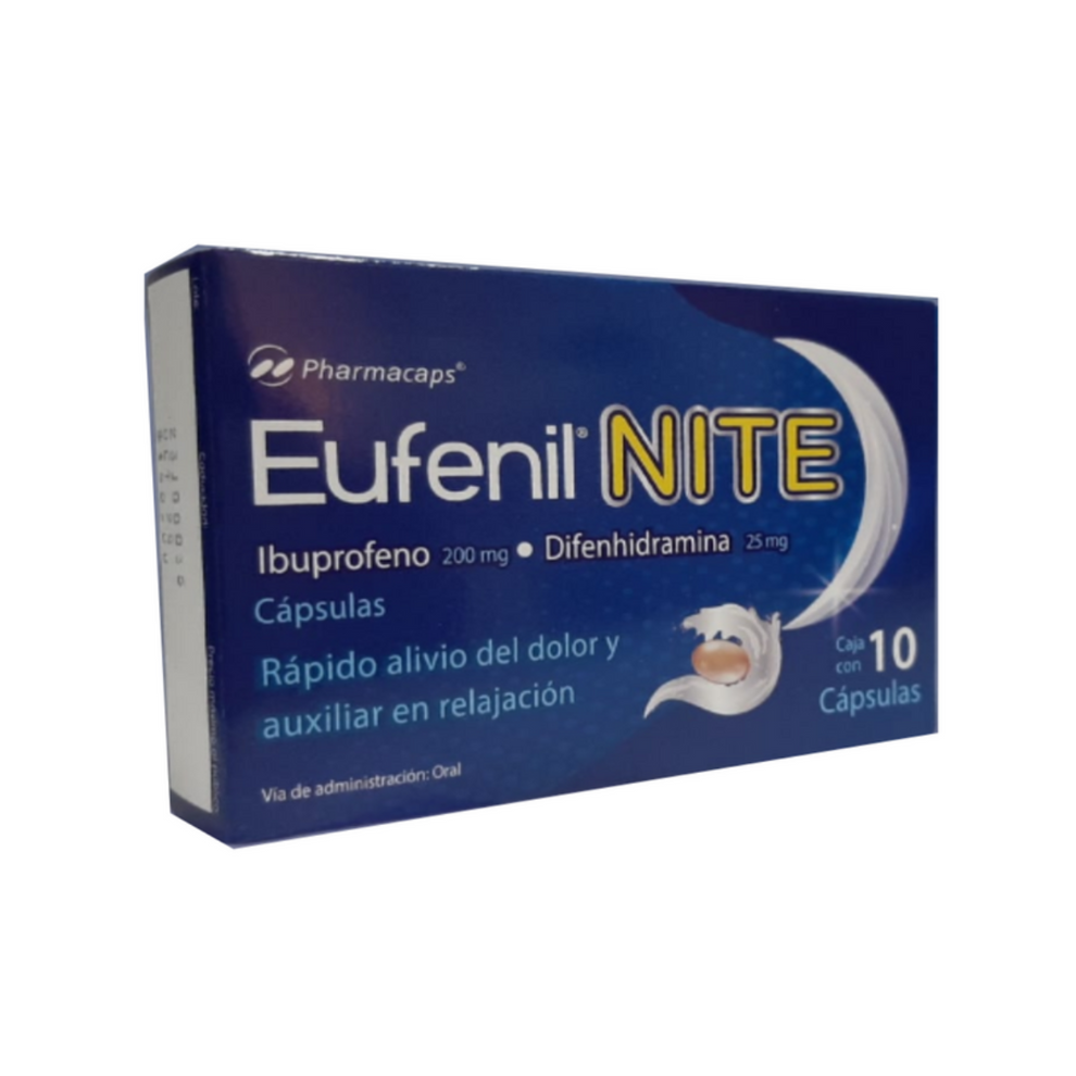 Eufenil NITE (Ibuprofeno 200 mg Difenhidramina 25 mg) Caja con 10 Cáps ...