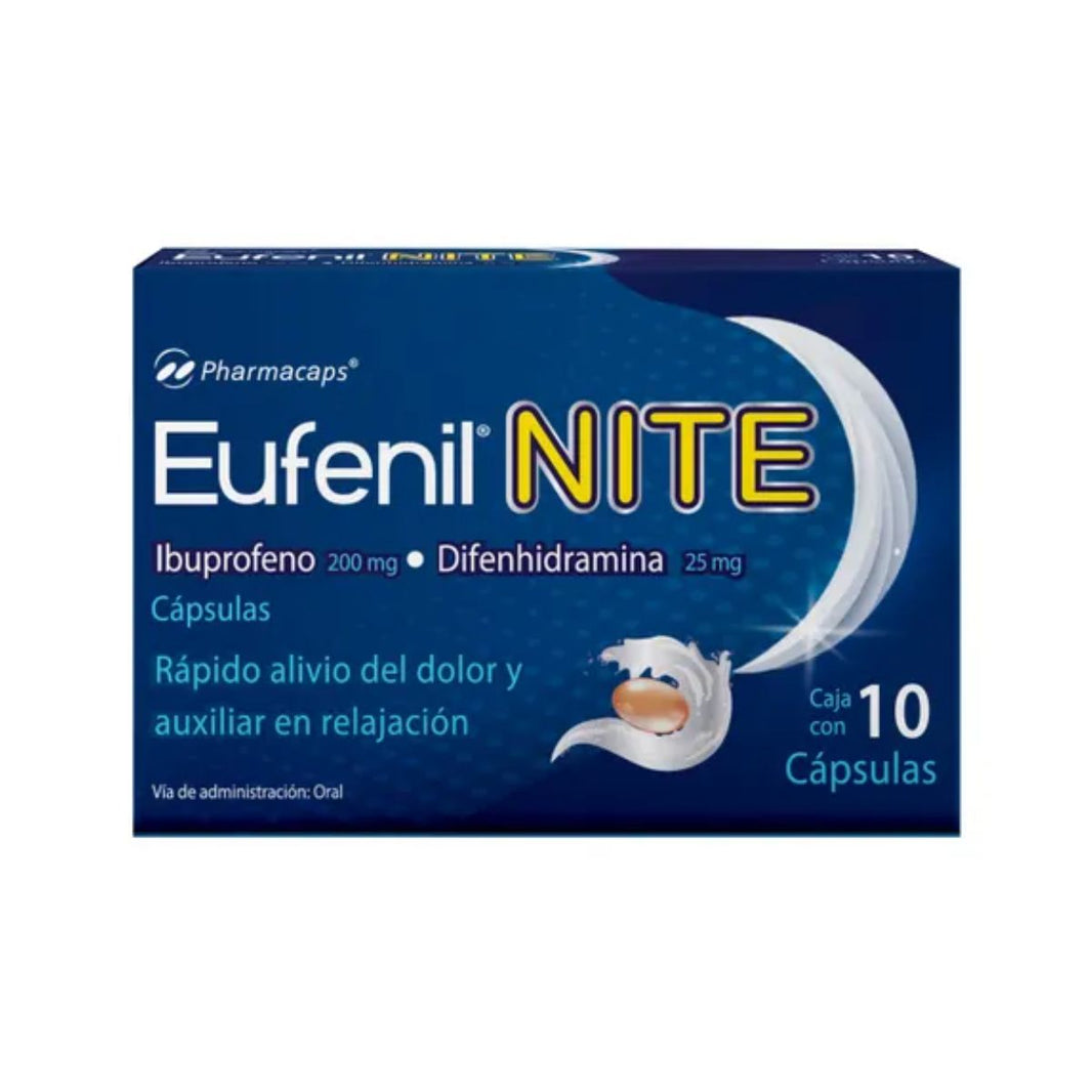 Eufenil NITE (Ibuprofeno 200 mg Difenhidramina 25 mg) Caja con 10 Cáps ...