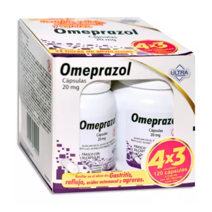Omeprazol 20 mg 4 Frascos Con 30 Cápsulas c/u – Farmacia Sanorim