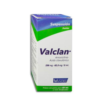 Valclan (Amoxicilina/Ácido Clavulánico)250 mg/62.5mg/5 ml Caja con Pol ...